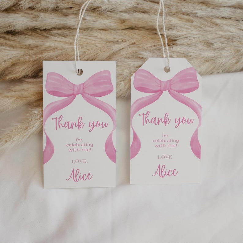 Pink Bow Birthday Favor Tags EDITABLE, Pink Bow Coquette Party Thank ...
