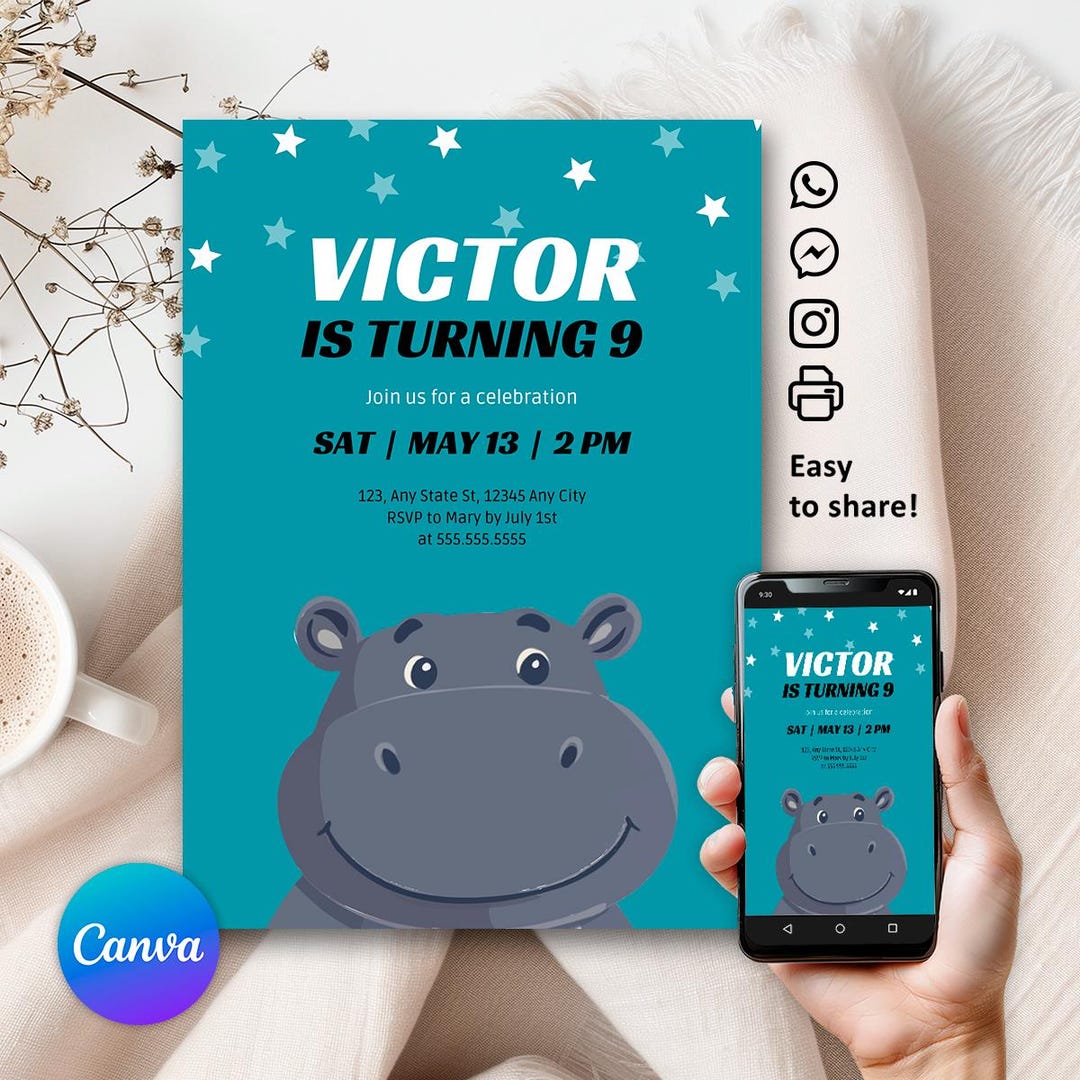 Editable Hippo Birthday Party Invitation, Hip Hippo Hooray, Hippo Party ...
