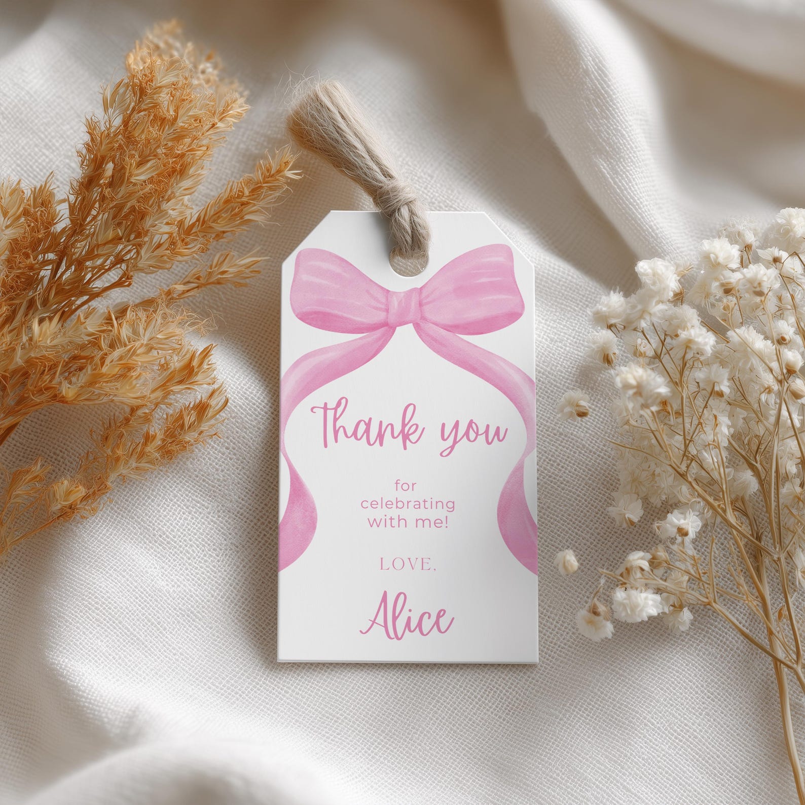 Pink Bow Birthday Favor Tags EDITABLE, Pink Bow Coquette Party Thank ...