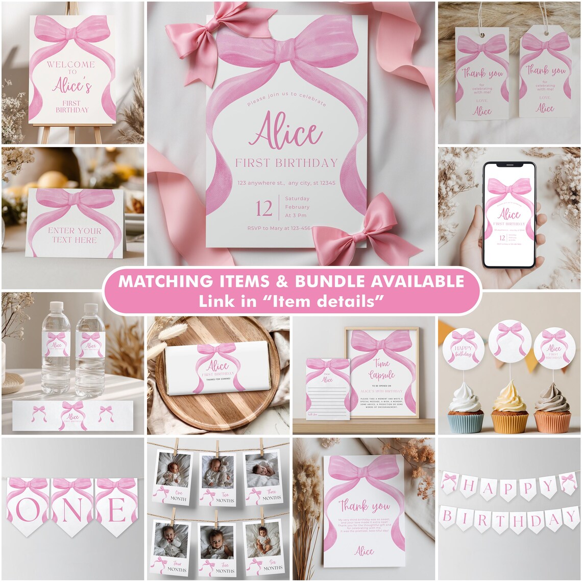 Editable Pink Bow Happy Birthday Banner, Pink Bow Printable Birthday ...
