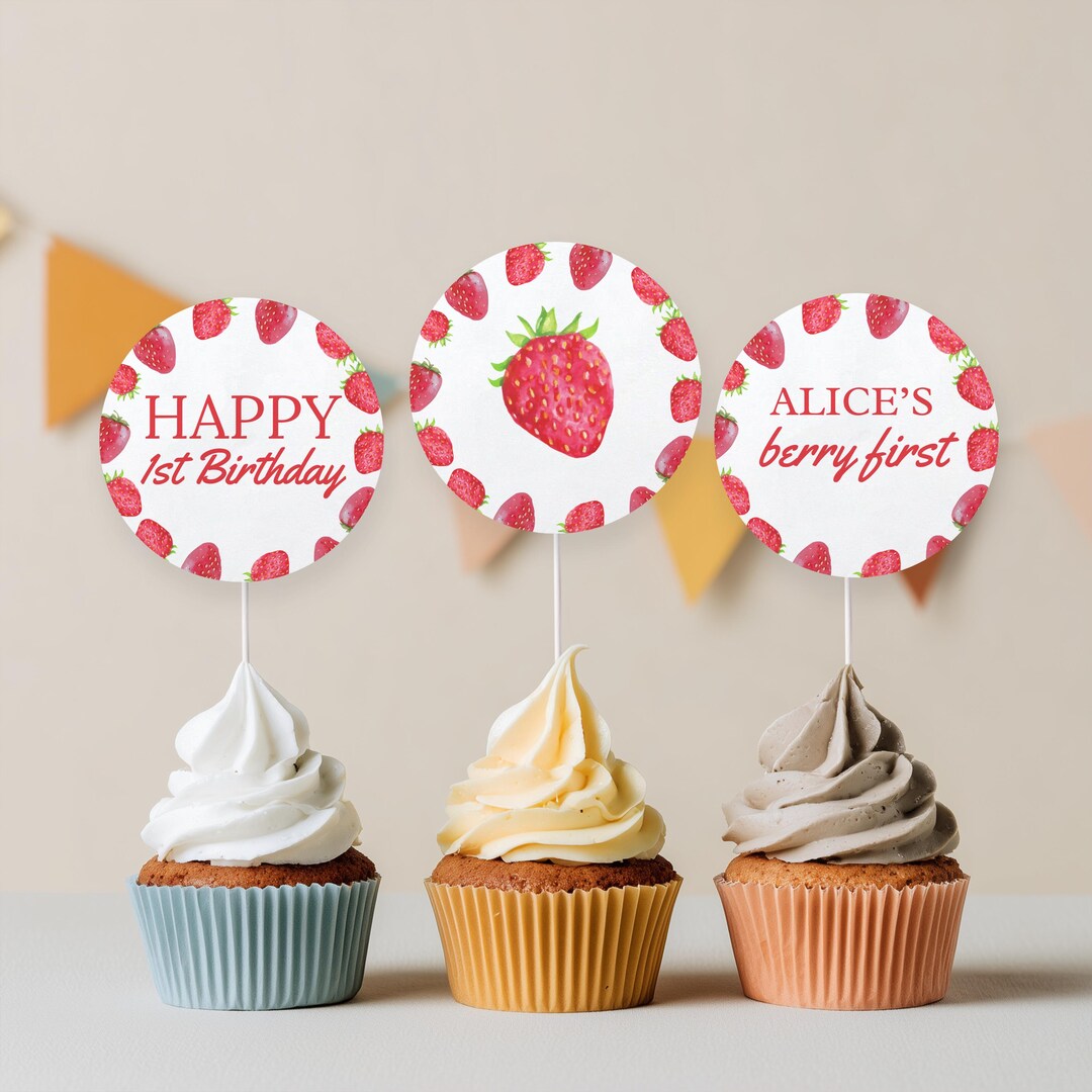 Berry First Cupcake Topper, Strawberry 1st Birthday Cupcake Toppers ...