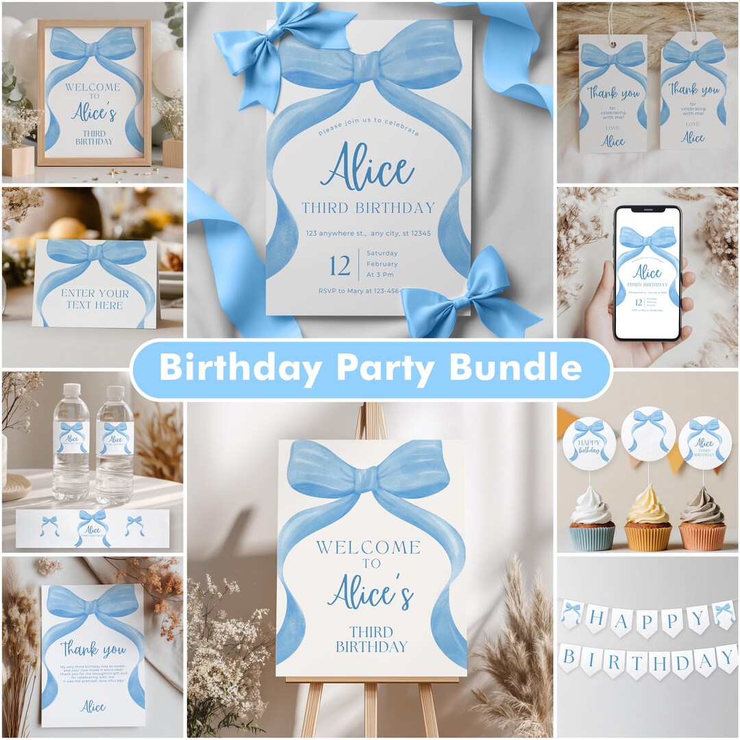 Editable Blue Bow Birthday Party Decorations | Blue Bow Birthday Bundle ...