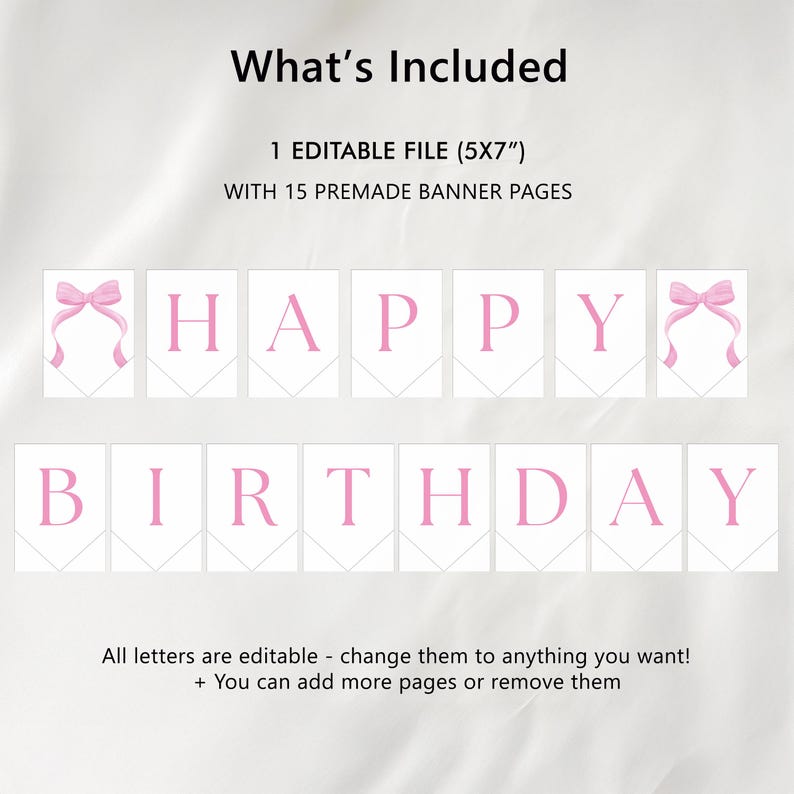 Editable Pink Bow Happy Birthday Banner, Pink Bow Printable Birthday ...
