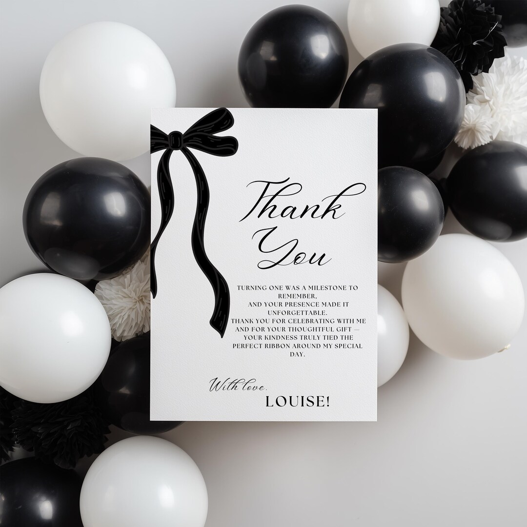 Black Bow Minimalist Thank You Card Template, Coquette, Black Ribbon ...
