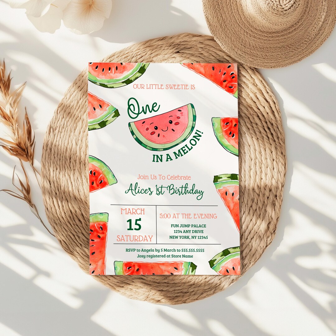 Watermelon First Birthday Invitation: Editable Canva Template (digital ...