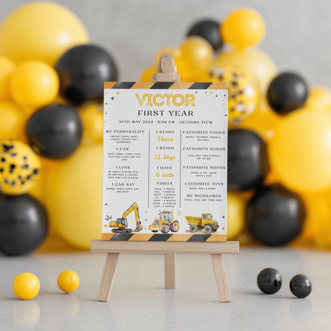 Construction First Birthday Milestone Sign, Yellow Tractor 1st Birthday ...