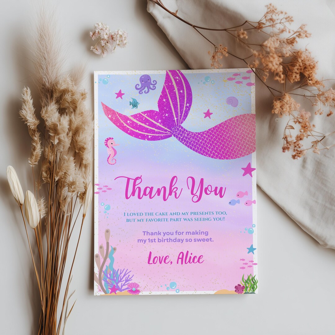 Mermaid First Thank You Card Template, Printable Thank You Card ...