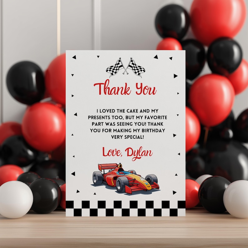 Racing Car Editable Birthday Thank You Card, Racing Car Thank You Card ...