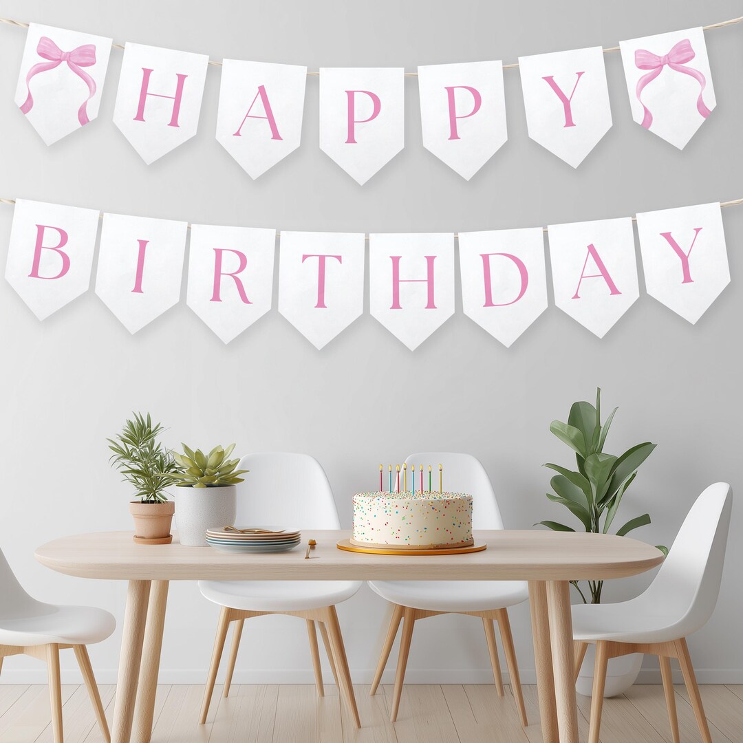 Editable Pink Bow Happy Birthday Banner, Pink Bow Printable Birthday ...