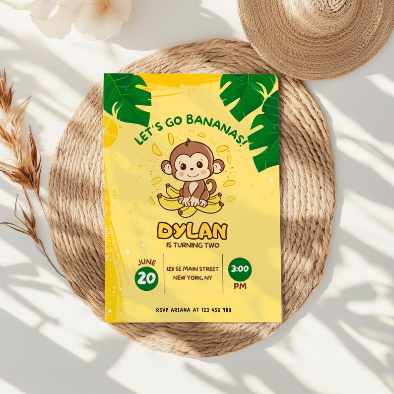 Monkey Birthday Invitation: Bananas Theme, Editable Canva Template ...