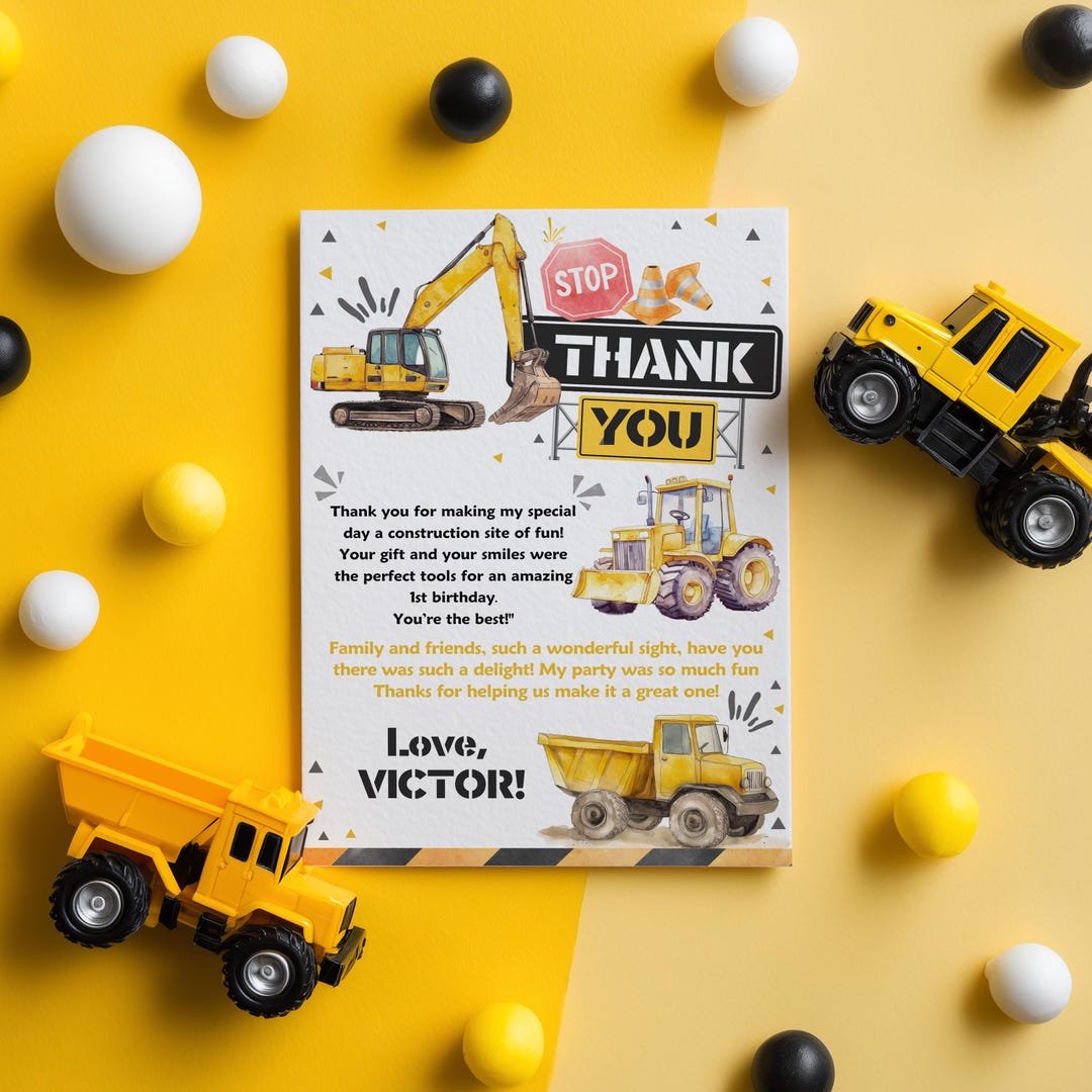 Editable Construction Thank You Card, Construction Birthday Note Card ...
