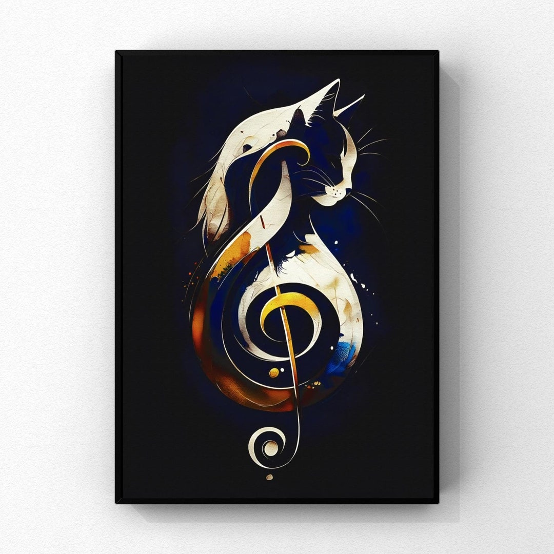 Music Poster | Cat and Music Treble Clef Wall Art | Music and Cat | Cat ...