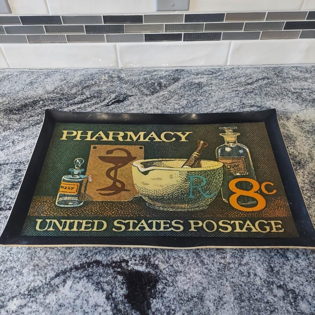 Vintage US Pharmacy Postage Stamp Theme 1972 Serving Tray Decor ...