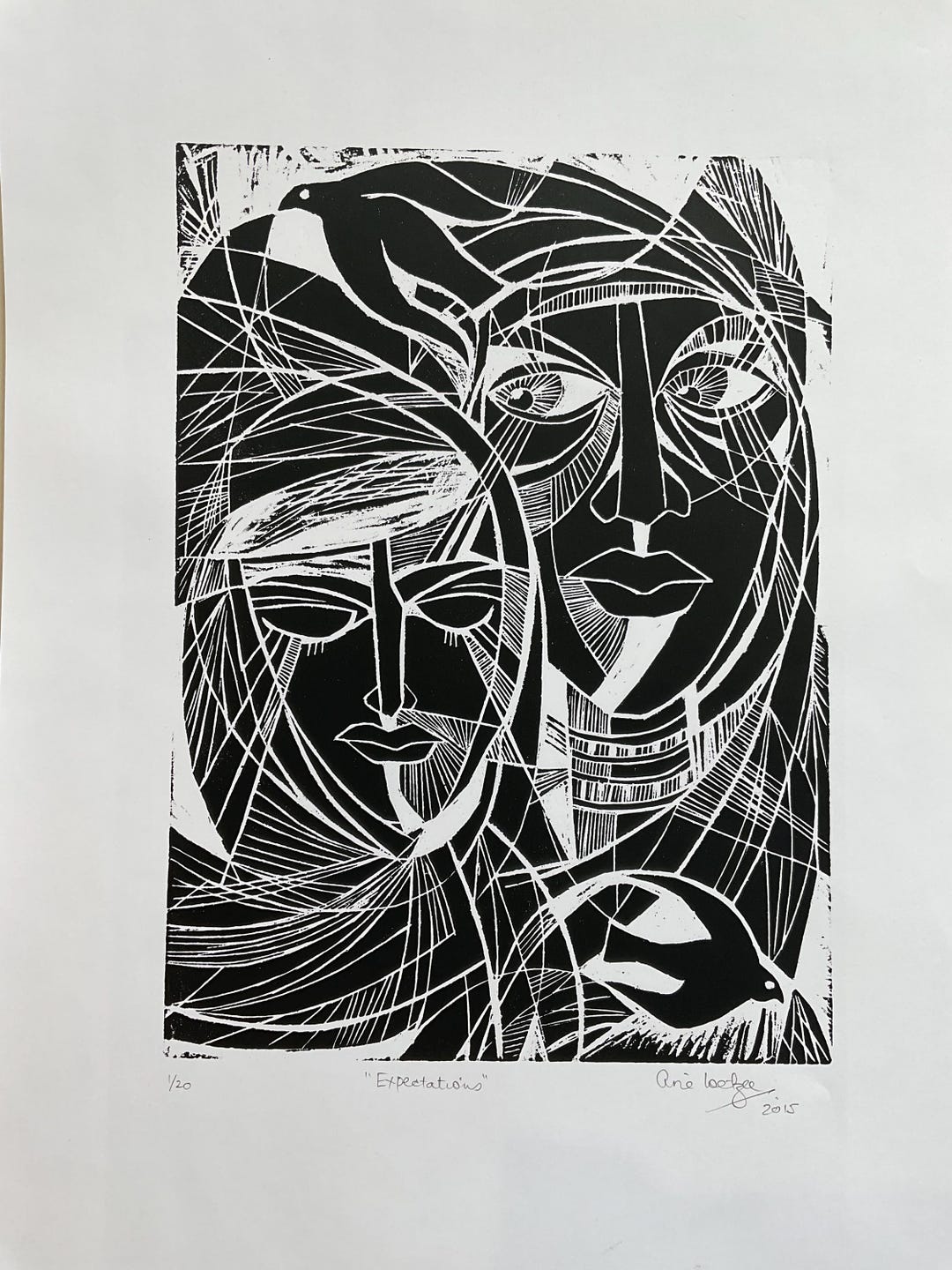 Wall Art, Original Art, Portrait, Reduction Print, Lino, Emotions ...