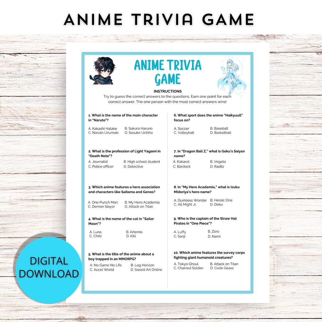 Anime Multiple Choice Trivia Game, Anime Party Game, Anime Otaku Game ...