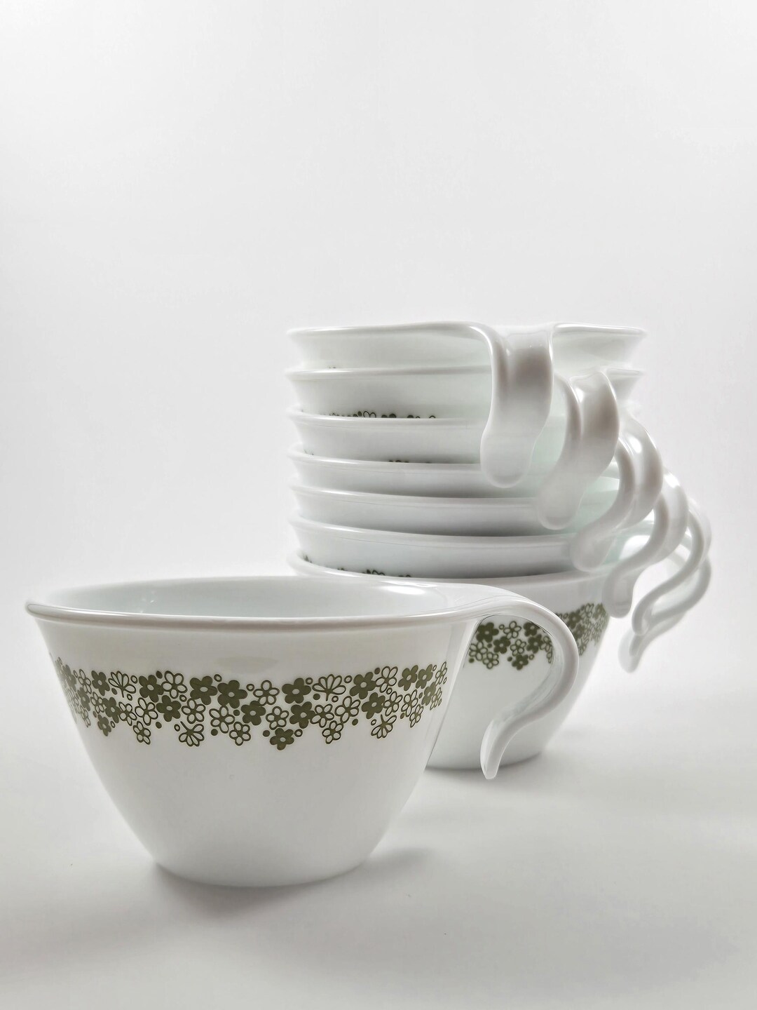 Set 8- 1970's Corelle Crazy Daisy Green and White Coffee Tea Cups With ...
