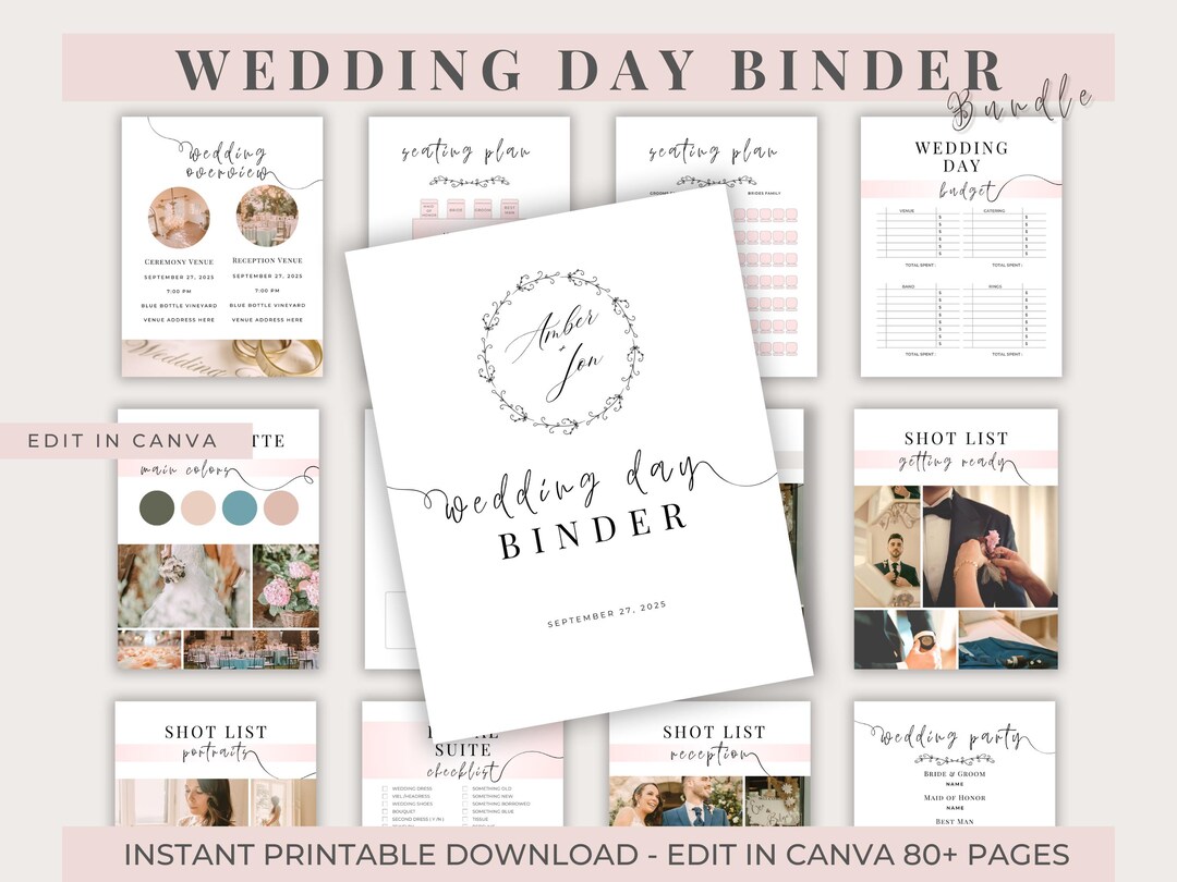 Wedding Day Peachy Pink Binder Template, Edit in Canva, Wedding Planner ...