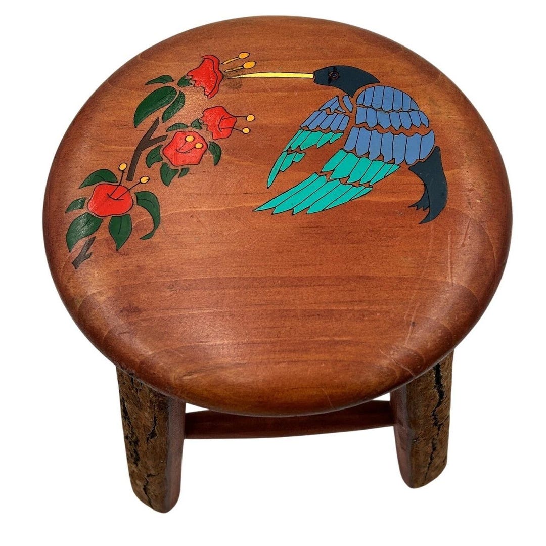 Vintage Salvadoran Folk Art Stool Hand Painted Bird Rustic Bark Legs La ...