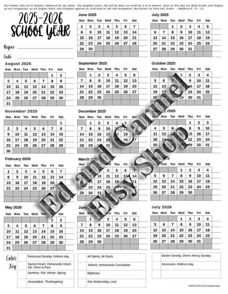 2025-2026 School Year Calendar: Printable One-page (PDF) - Etsy