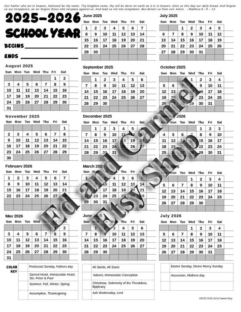 2025-2026 School Year Calendar: Printable One-page (PDF) - Etsy UK