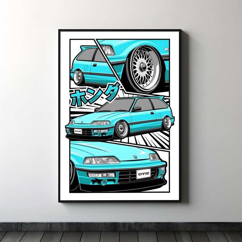 Turquoise Honda Civic Digital Poster Honda Civic Poster Car Wall Poster ...