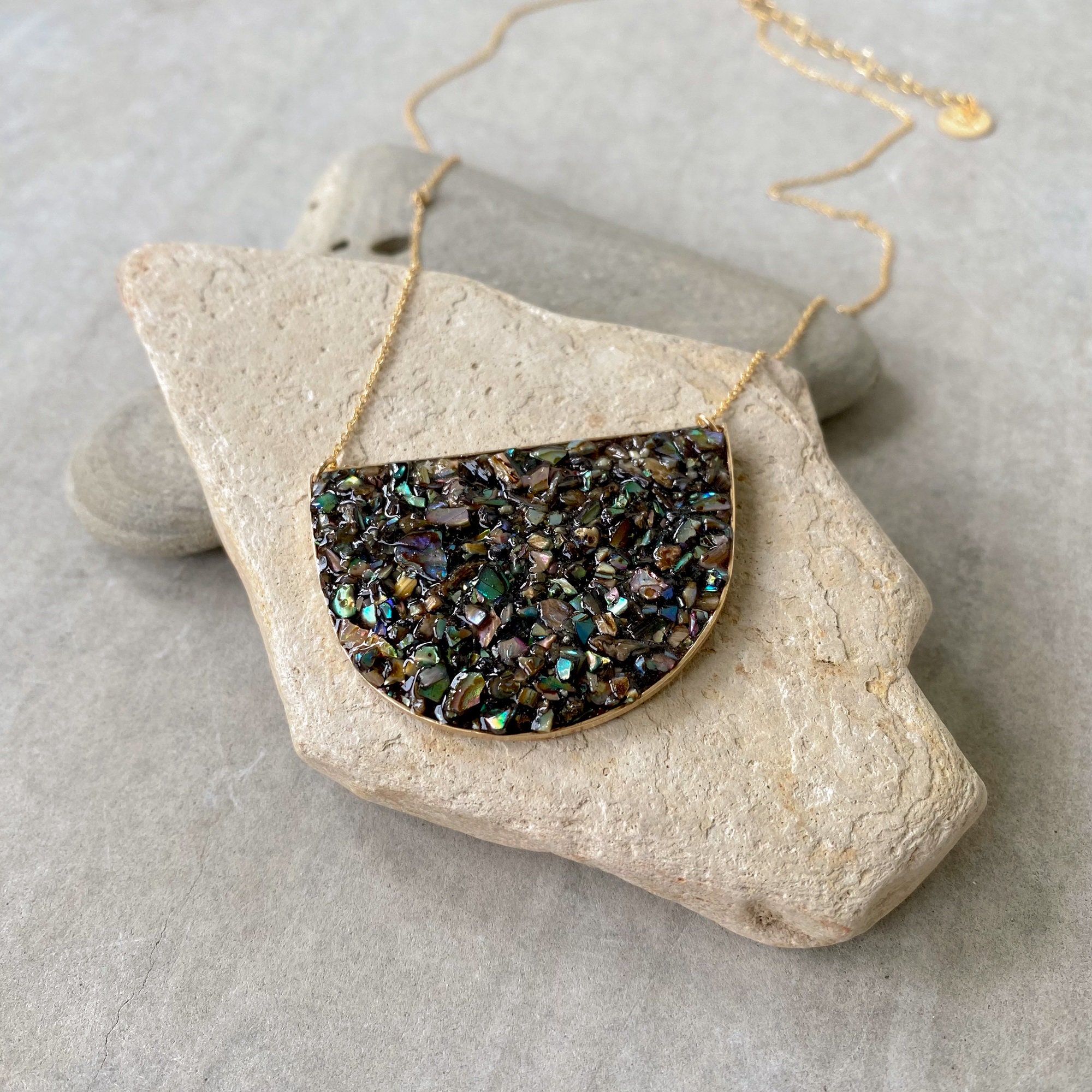 Paua Shell Half Moon Pendant Necklace: Iridescent Resin Jewelry - Etsy