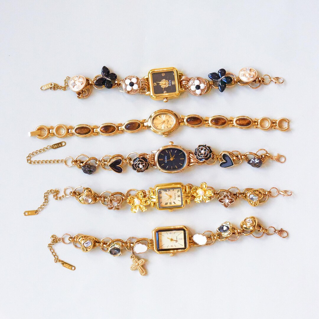 Punk Style Watch Bracelet, Vintage Black Gold Timepiece Jewelry With ...
