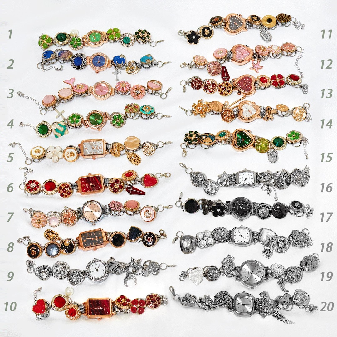 Steampunk Colorful Watch Charm Bracelet, Vintage Timepiece Jewelry ...