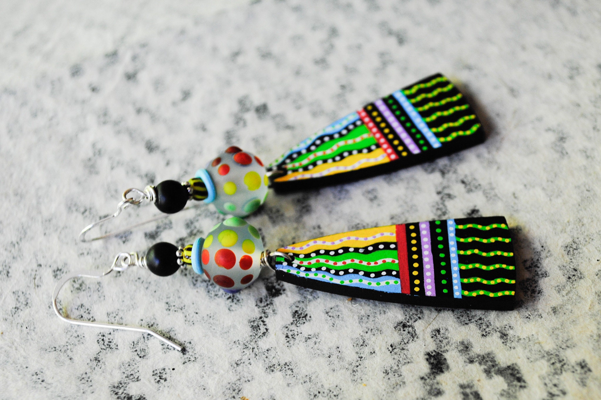 Colorful Mod Earrings, Polka Dot Lampwork Earrings, Hand Painted Wood ...