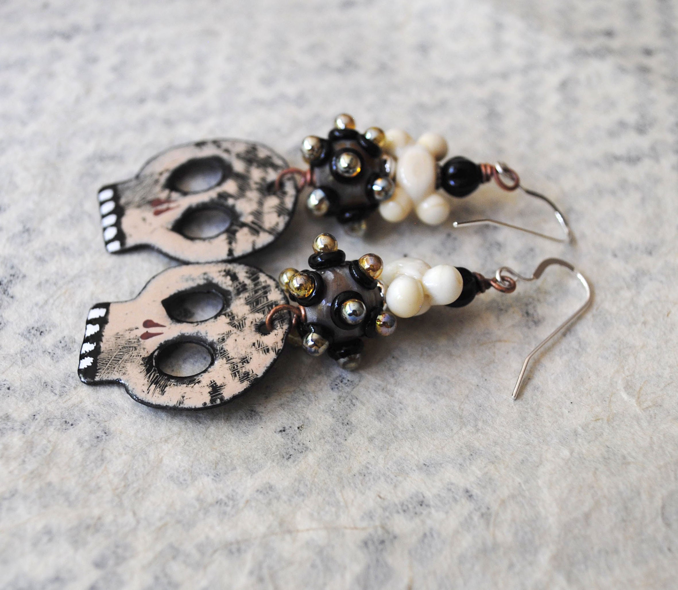 Spooky Halloween Earrings, Artisan Enamel Skull Earrings, Ghastly ...