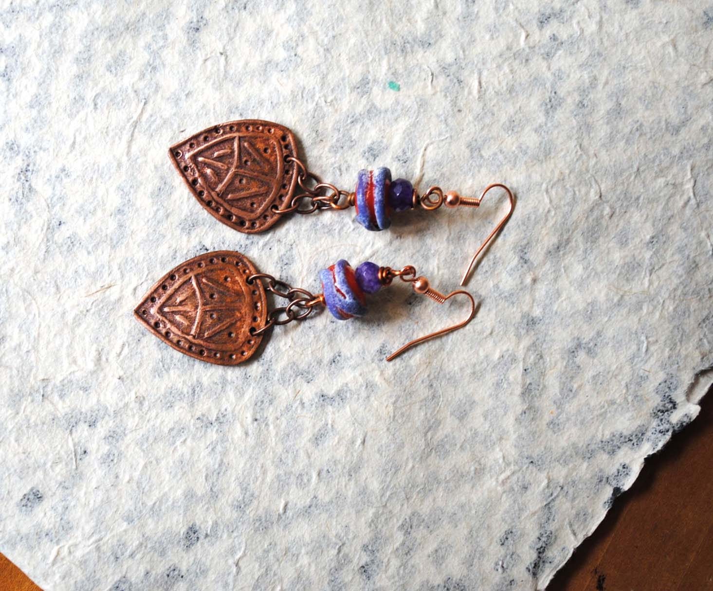 Ethnic Earrings, Copper Earrings, Lampwork Bead Earrings, Red Purple ...
