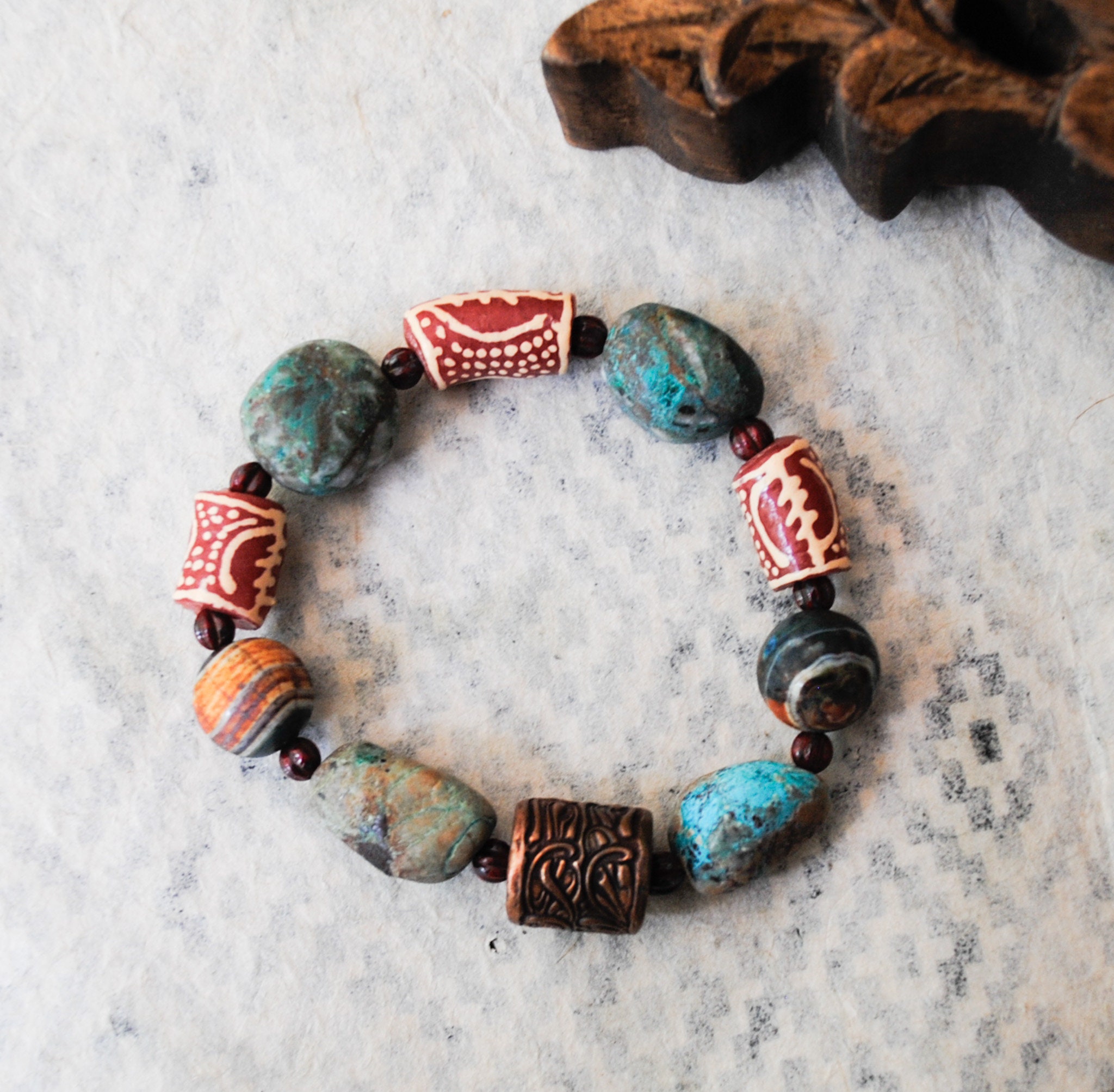 Earthy Turquoise Bead Bracelet, Stretch Stacking Bracelet, Ethnic ...