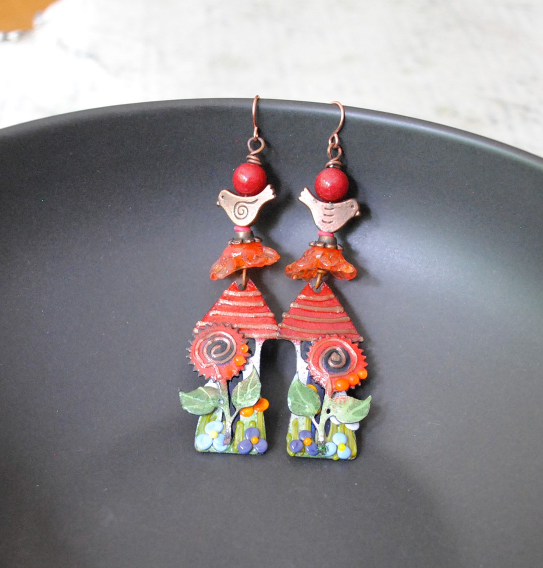 Magical Fairy House Earrings, Artisan Enamel, Whimsical Floral Woodland ...