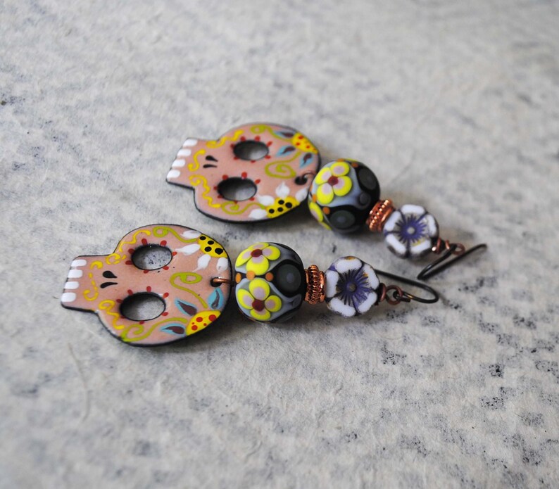 Calavera Enamel Earrings, Day of Dead Skull Earrings, Floral Halloween ...