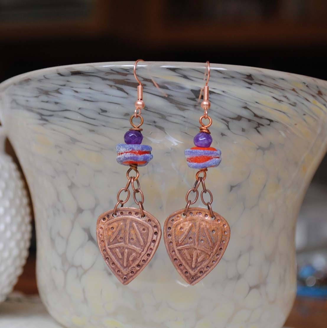 Ethnic Earrings, Copper Earrings, Lampwork Bead Earrings, Red Purple ...