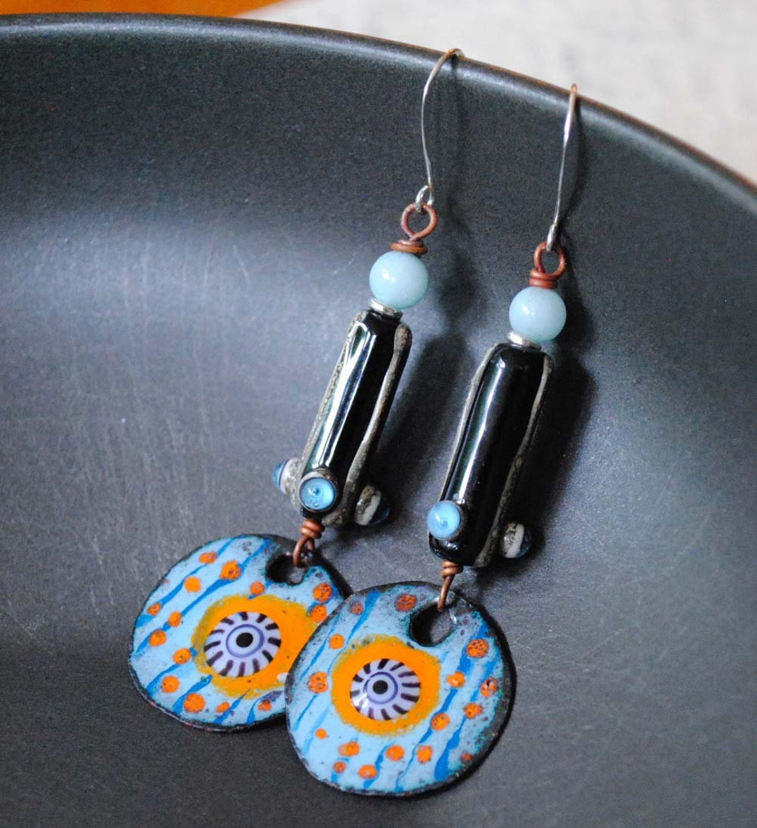 Blue Bohemian Earrings, Artisan Enamel Earrings, Spotted Striped ...
