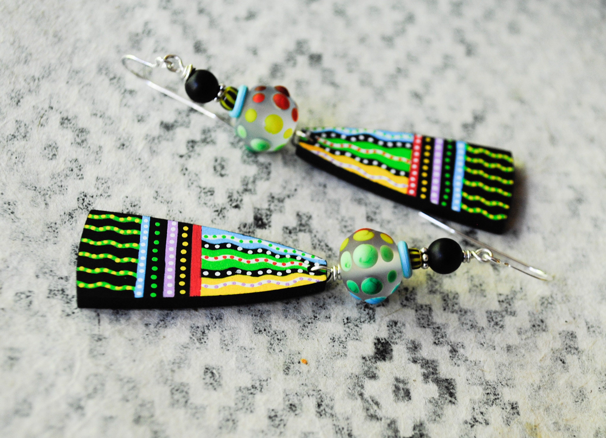 Colorful Mod Earrings, Polka Dot Lampwork Earrings, Hand Painted Wood ...