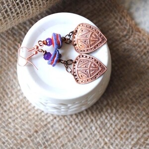 Ethnic Earrings, Copper Earrings, Lampwork Bead Earrings, Red Purple ...