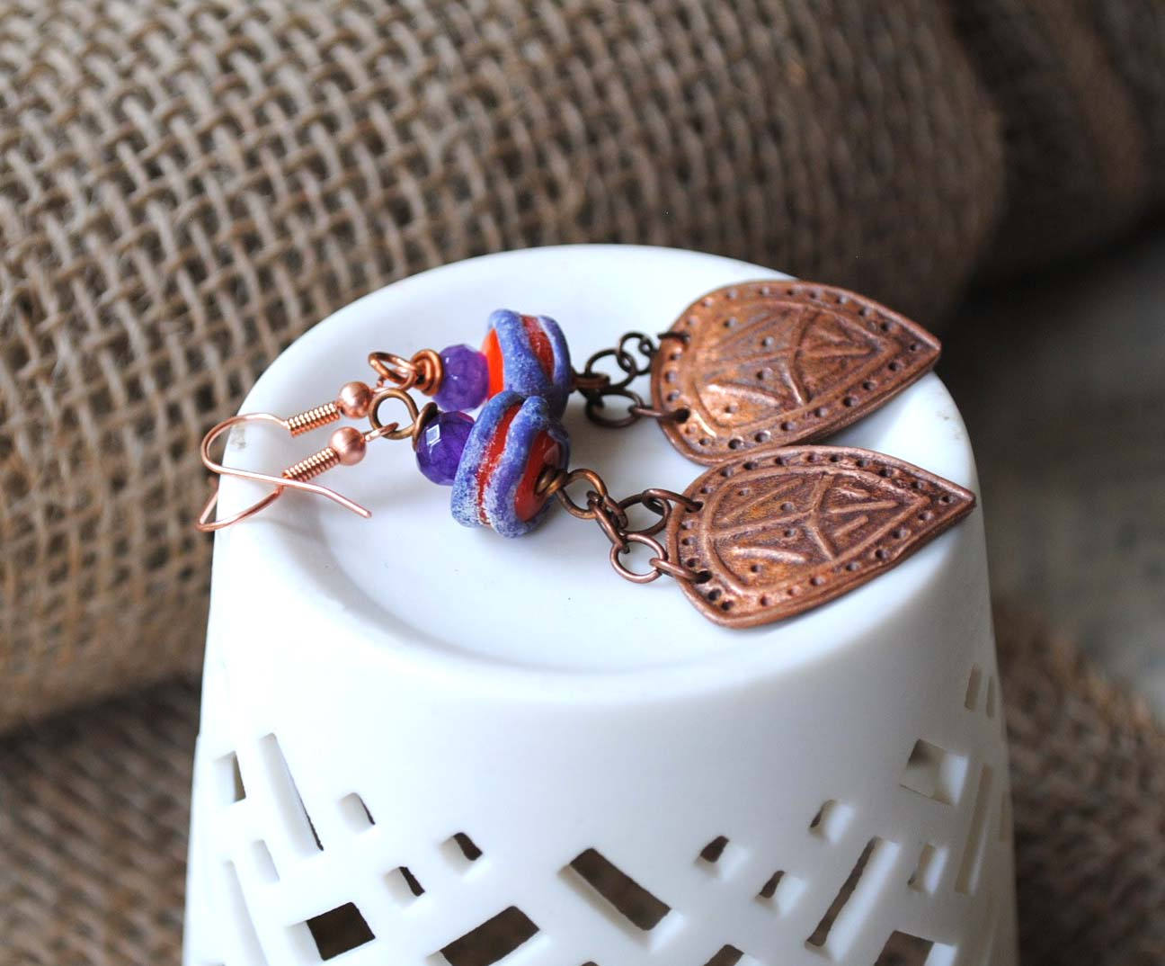 Ethnic Earrings, Copper Earrings, Lampwork Bead Earrings, Red Purple ...