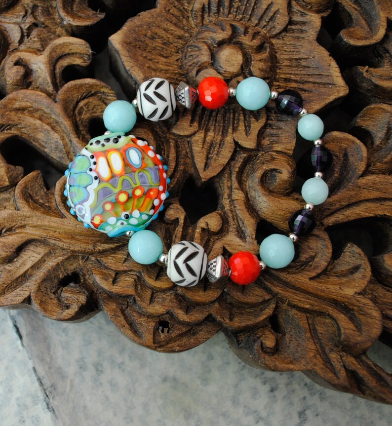 Colorful Lampwork Glass Bead Bracelet, Stretch Bracelet, Vibrant Funky ...
