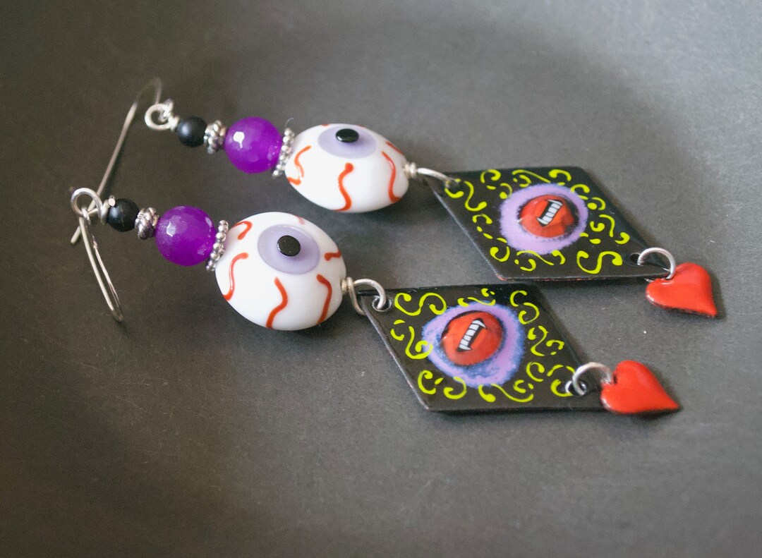 Vampire Fang Halloween Enamel Earrings, Bright Red Lip Earrings, Purple ...