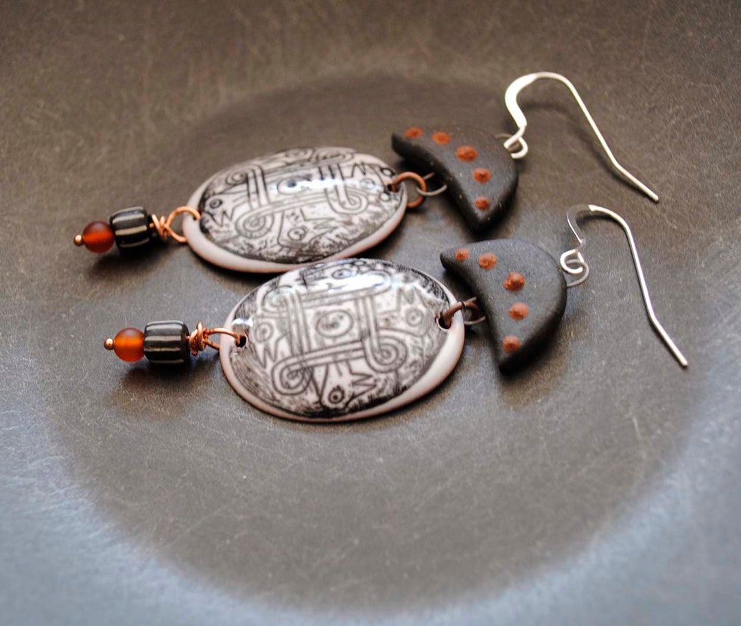 Aztec Enamel Earrings, OOAK Black & White Geometric Earrings, Artisan ...