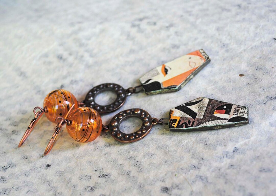 Ceramic Face Earrings, Artisan Pewter Earrings, Orange Geometric ...