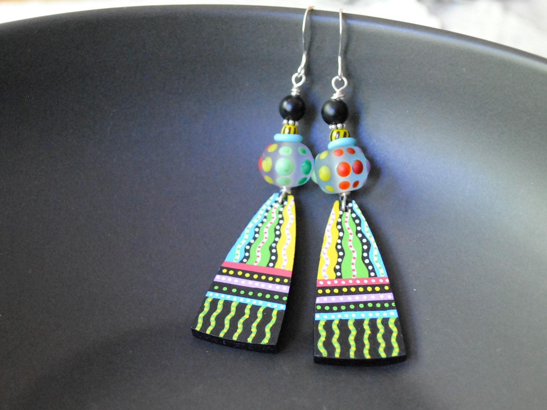 Colorful Mod Earrings, Polka Dot Lampwork Earrings, Hand Painted Wood ...