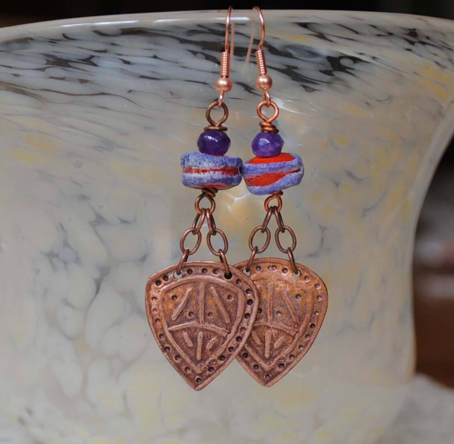 Ethnic Earrings, Copper Earrings, Lampwork Bead Earrings, Red Purple ...