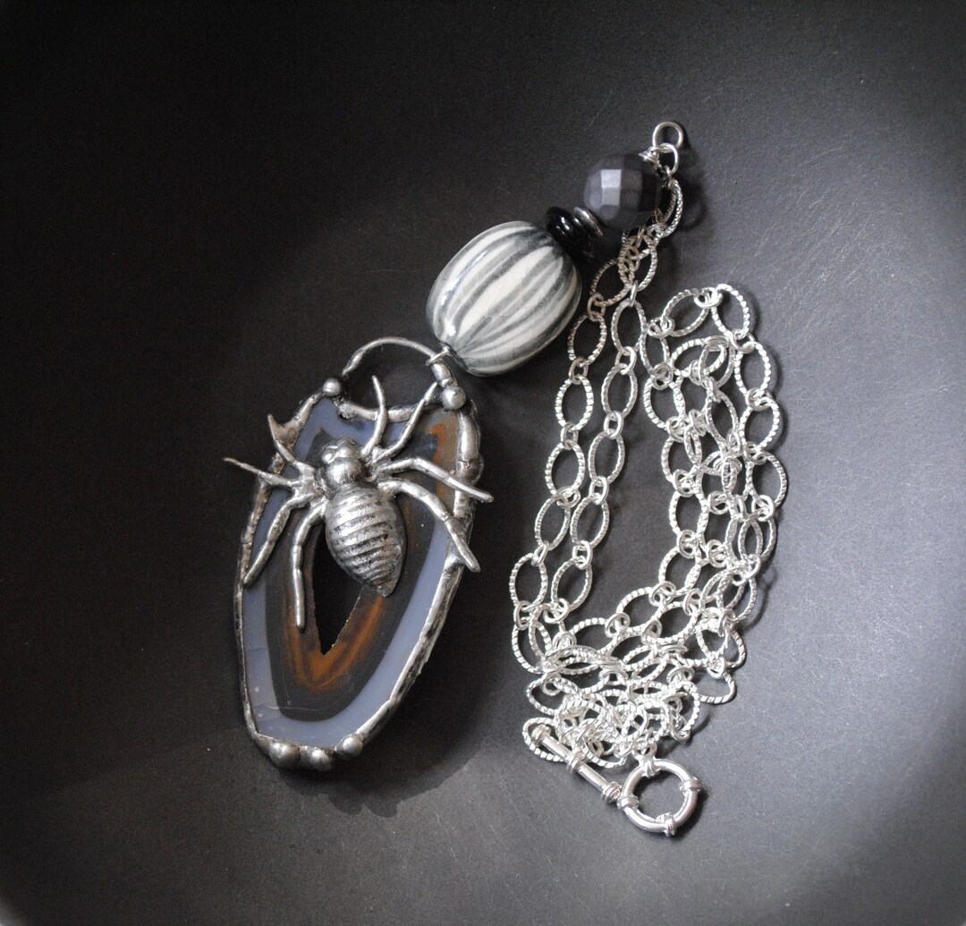 Halloween Spider Necklace, Soldered Natural Brown Agate Slice Pendant ...