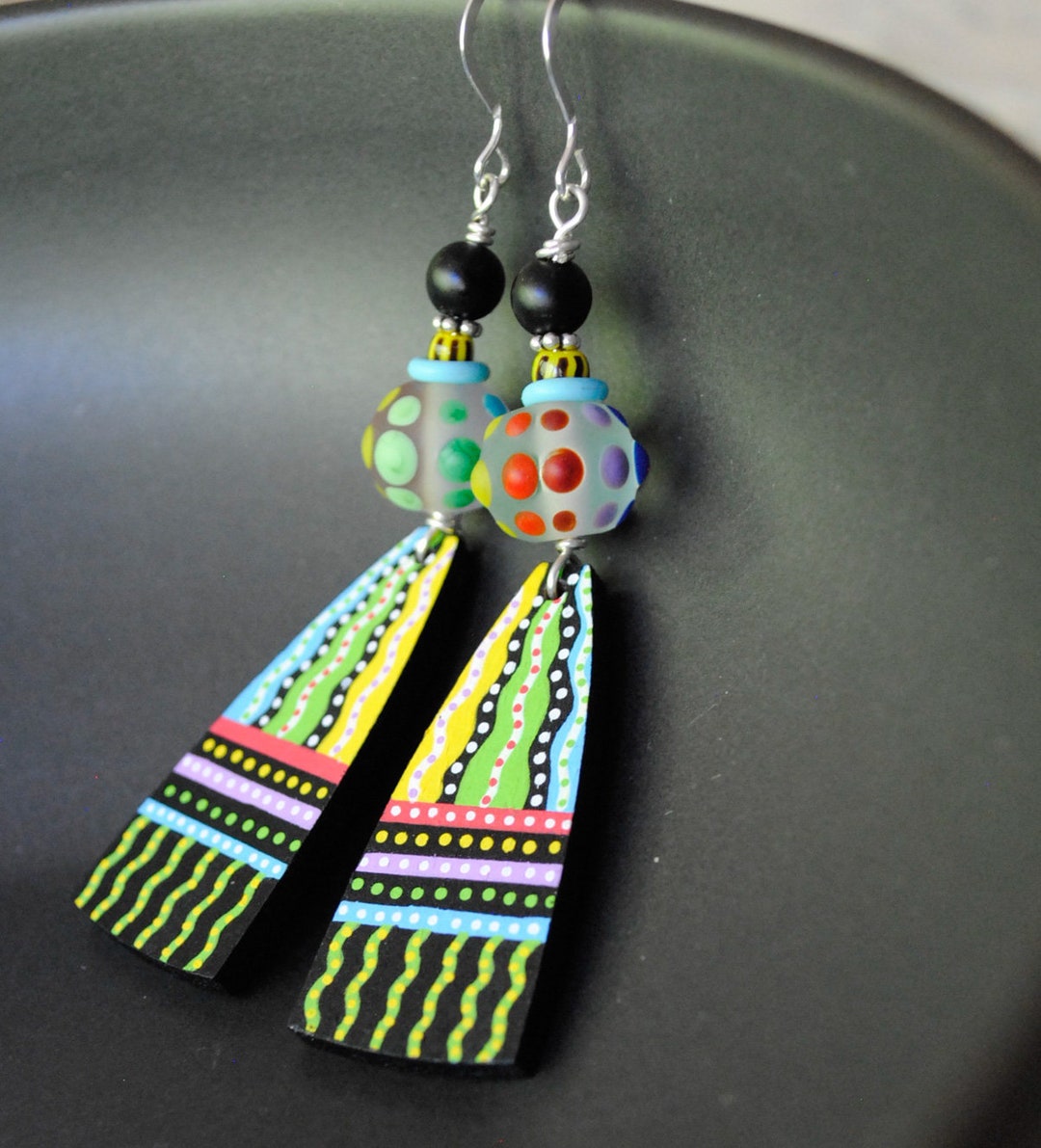 Colorful Mod Earrings, Polka Dot Lampwork Earrings, Hand Painted Wood ...