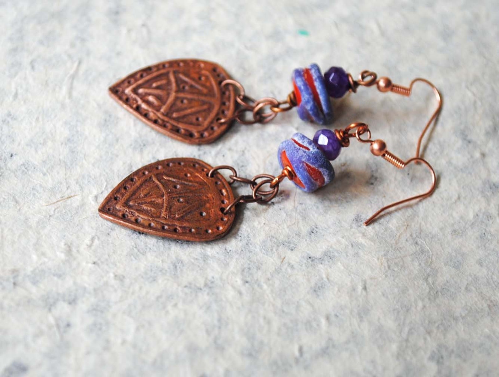 Ethnic Earrings, Copper Earrings, Lampwork Bead Earrings, Red Purple ...