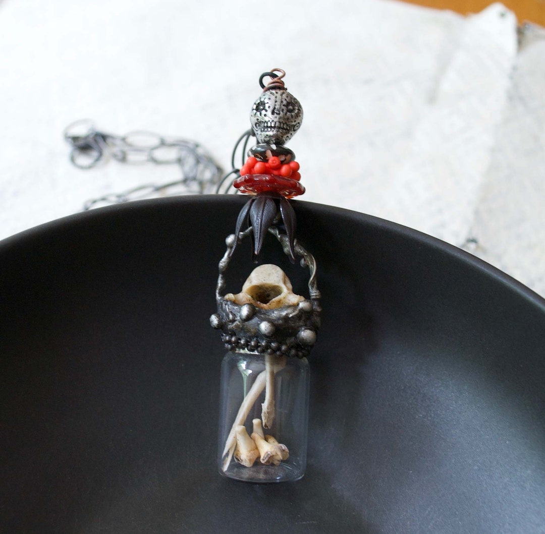 Halloween Bone Jar Necklace, Pewter Skull Pendant Necklace, Goth ...