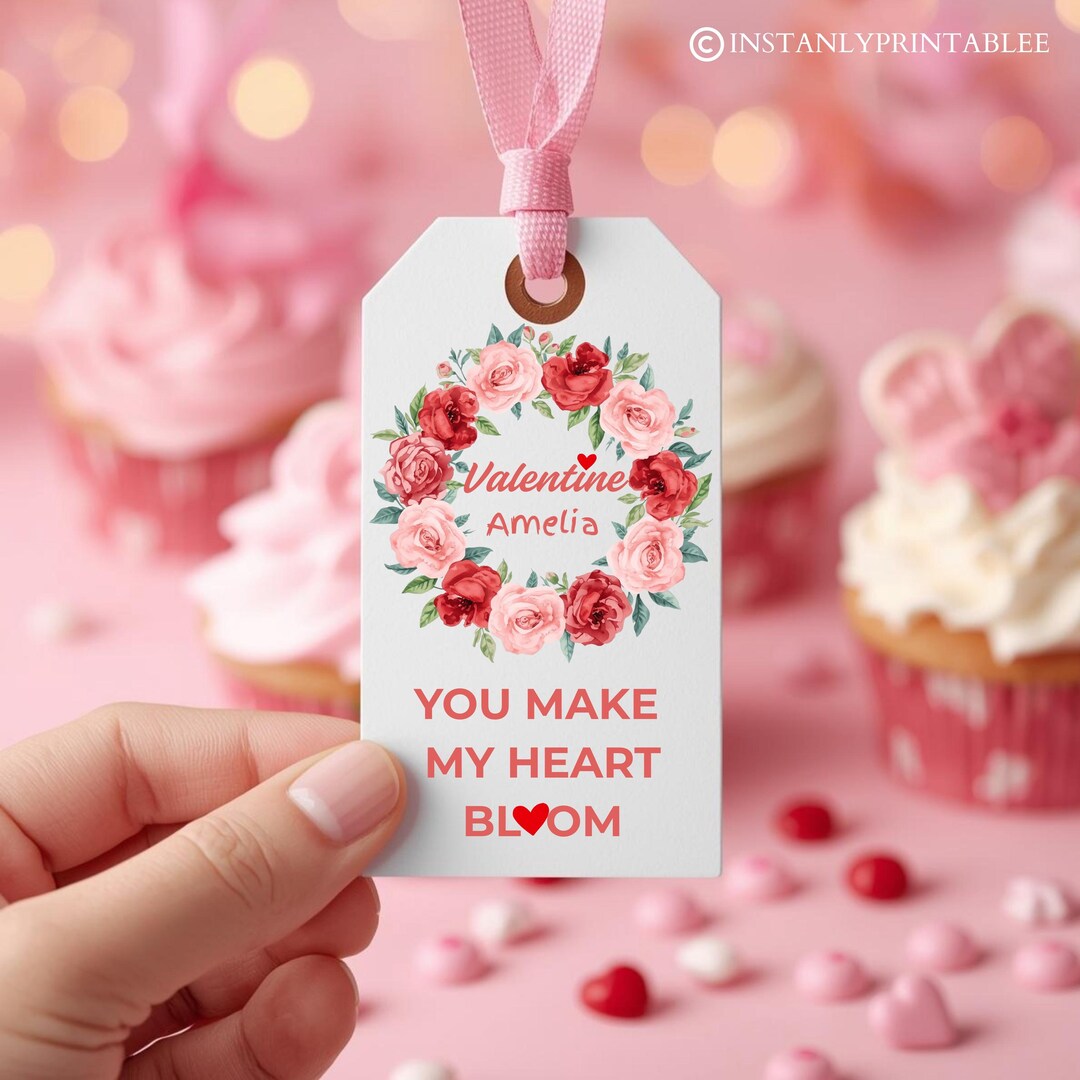 Valentines Day Gift Tags for Kids School, Heart Bloom Floral Tags ...